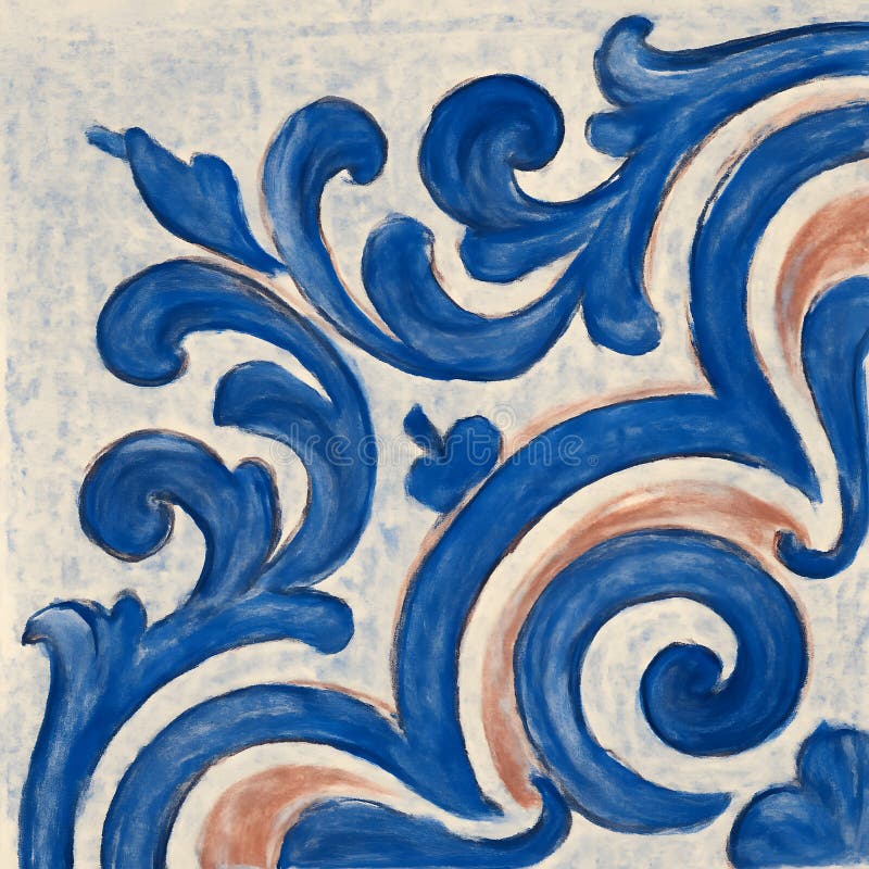 Decorative Corner Tile Design Featuring Bold Blue and Reddish-brown Scroll and Leaf Patterns ...
