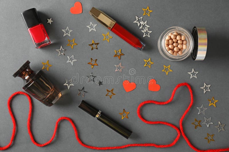 Decorative Cosmetics with Decor on Grey Background Stock Image - Image ...