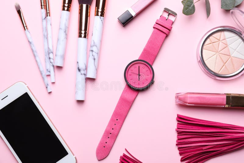 Decorative Cosmetics with Mobile Phone and Accessories on Color ...