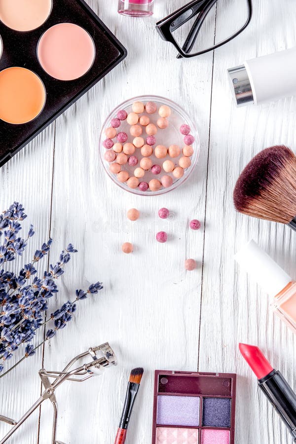 Decorative Cosmetics on Woman Office Desk Background Top View Stock ...