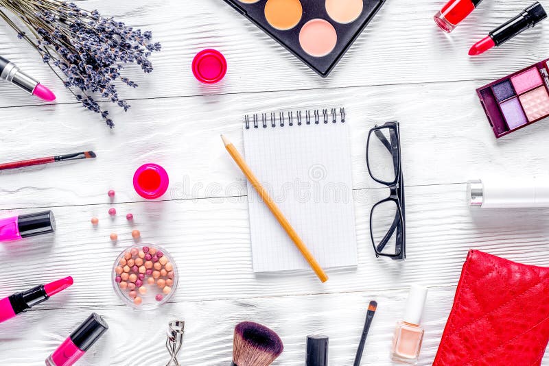 Decorative Cosmetics on Woman Office Desk Background Top View Stock ...