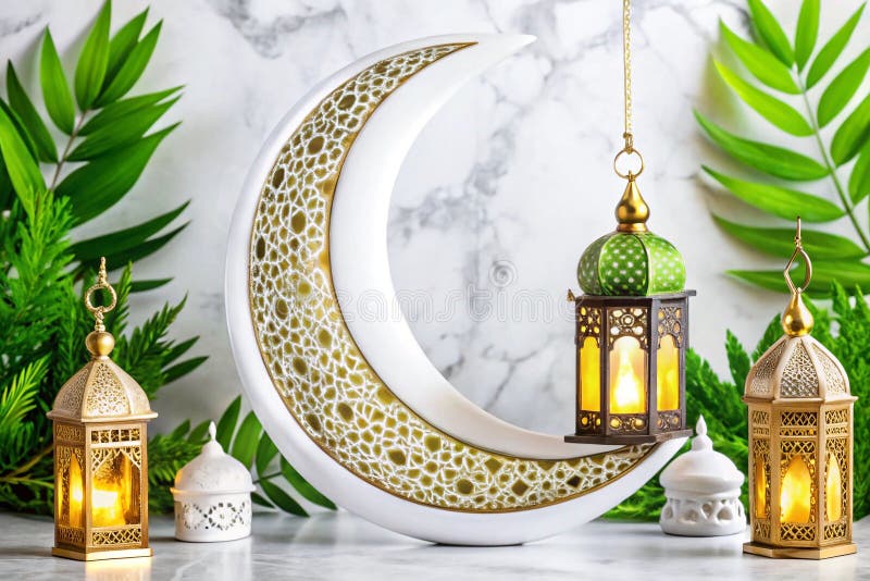 Decorative Crescent Moon with Lantern, Festive Ramadan Display, Marble ...