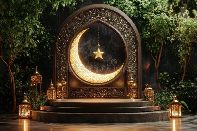 A Decorative Crescent Moon and Star Display Surrounded by Lanterns and ...