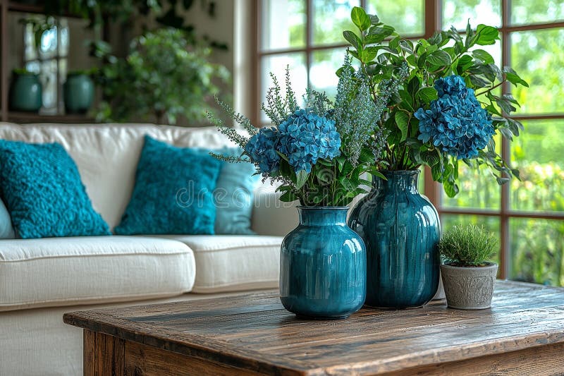 Decorative Dark Ceramic Vases on a Live Edge Coffee Table Stock Photo ...