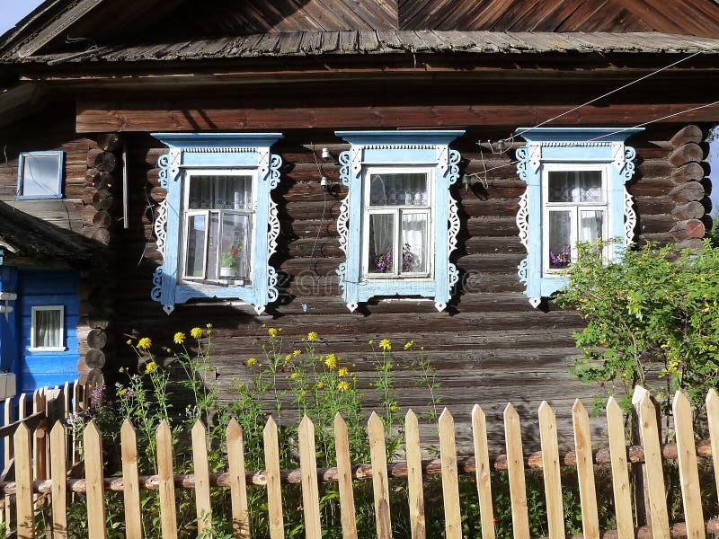 Decorative Carved Trim Around the Windows of the Wooden Hut Stock Photo ...