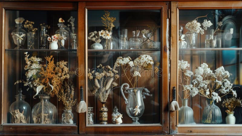 A Decorative Display Case Filled with Various Vases and Flowers ...