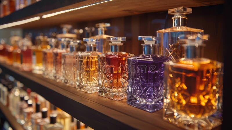 Decorative Display of Elegant Glass Bottles Filled with Assorted ...