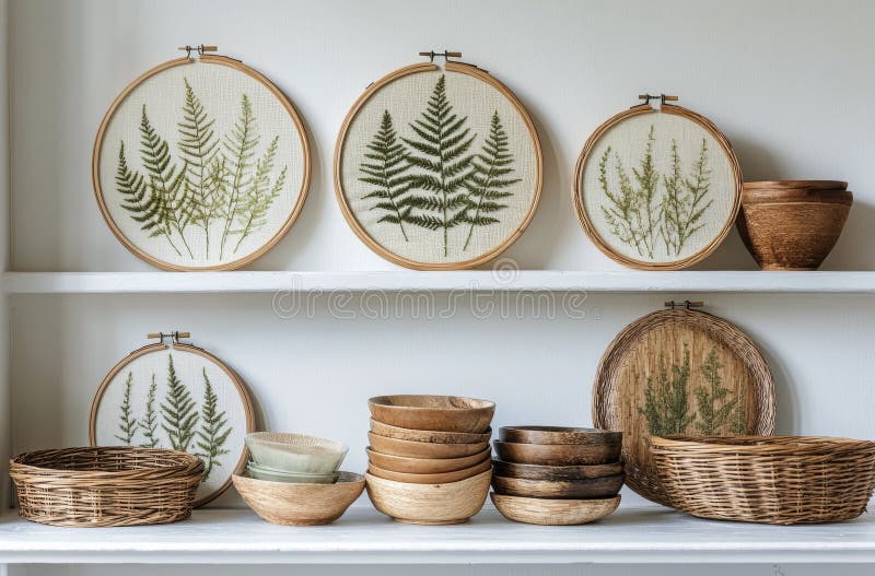 Decorative Display of Fern Embroidery in Rustic Frames on a Kitchen ...