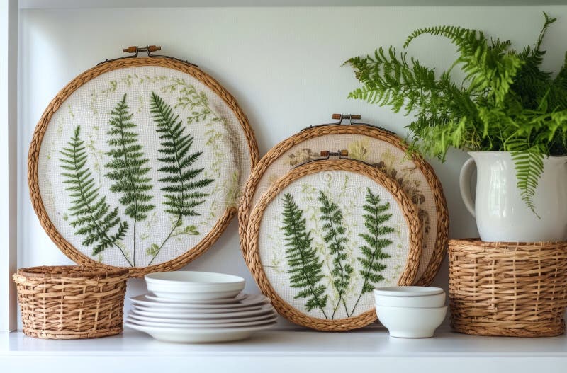 Decorative Display of Fern Embroidery in Rustic Frames on a Kitchen ...