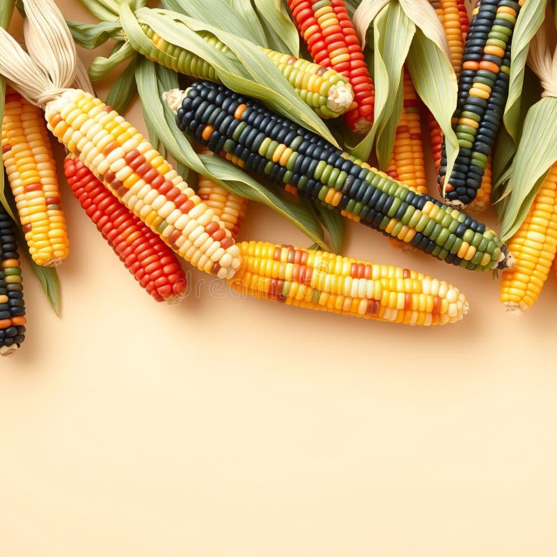 A Decorative Display of Multicolored Corn Cobs on a Pastel Beige ...