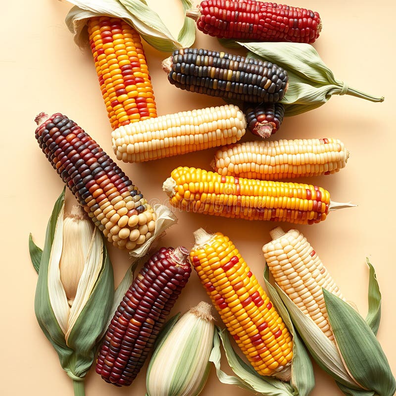 A Decorative Display of Multicolored Corn Cobs on a Pastel Beige ...