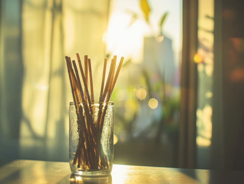 A Decorative Display on a Table Features an Arrangement of Bamboo ...