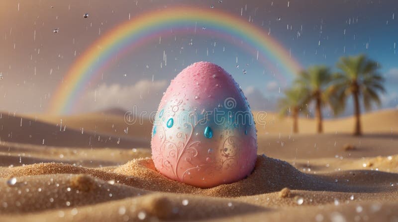 Decorative Easter Egg in Desert Rain with Rainbow in the Background ...