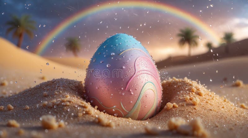 Decorative Easter Egg in Desert Rain with Rainbow in the Background ...