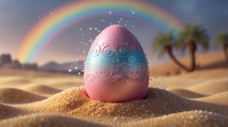 Decorative Easter Egg in Desert Rain with Rainbow in the Background ...