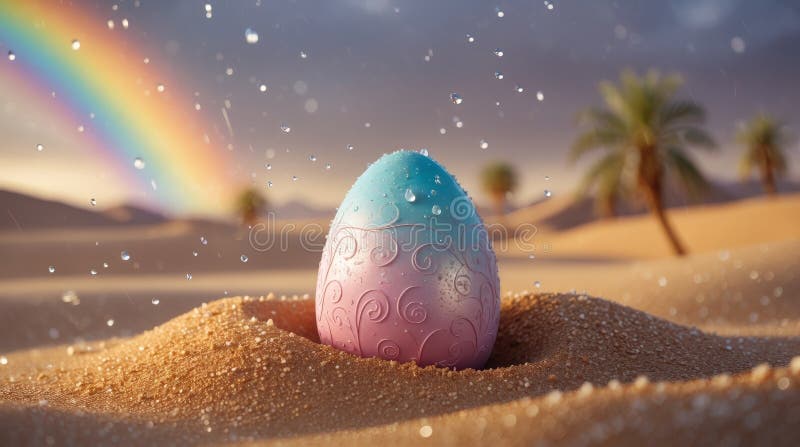 Decorative Easter Egg in Desert Rain with Rainbow in the Background ...