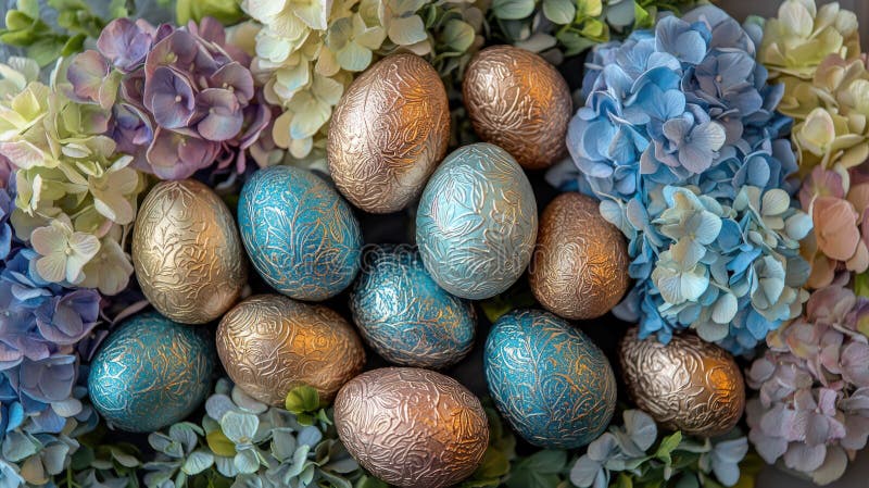 Decorative Easter Eggs with Floral Arrangement of Hydrangeas Happy ...