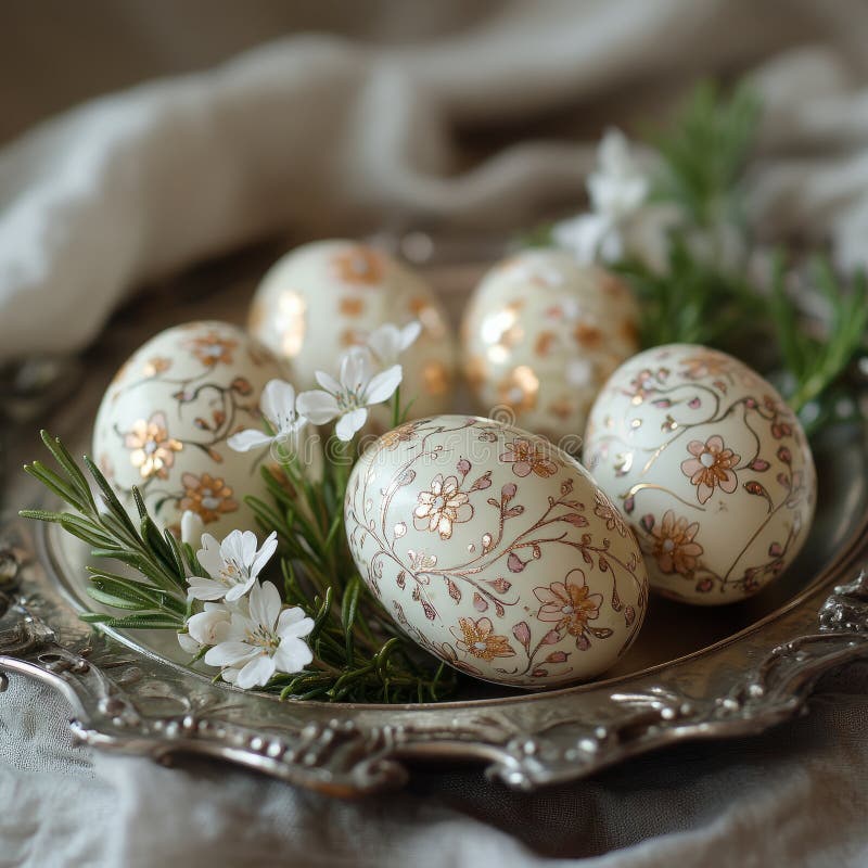 Decorative Easter Eggs with Floral Patterns on a Silver Tray. Stock ...