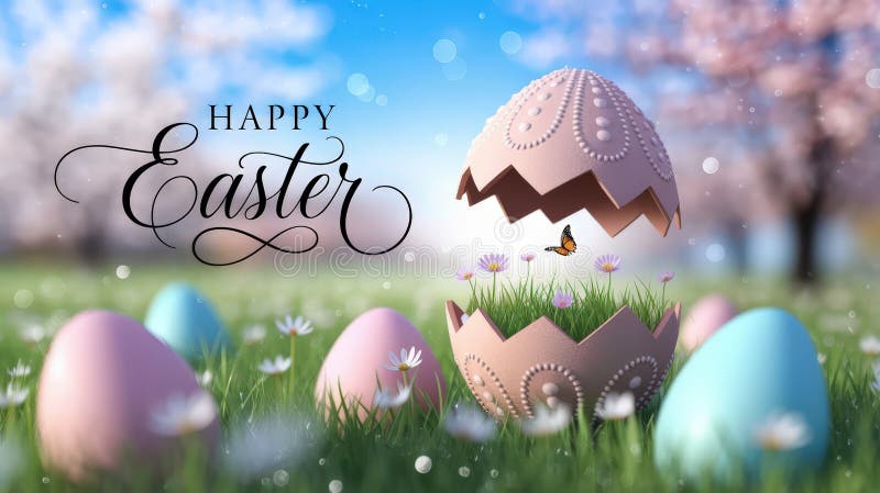 Decorative Easter Eggs on a Grassy Field with Blooming Cherry Blossoms ...