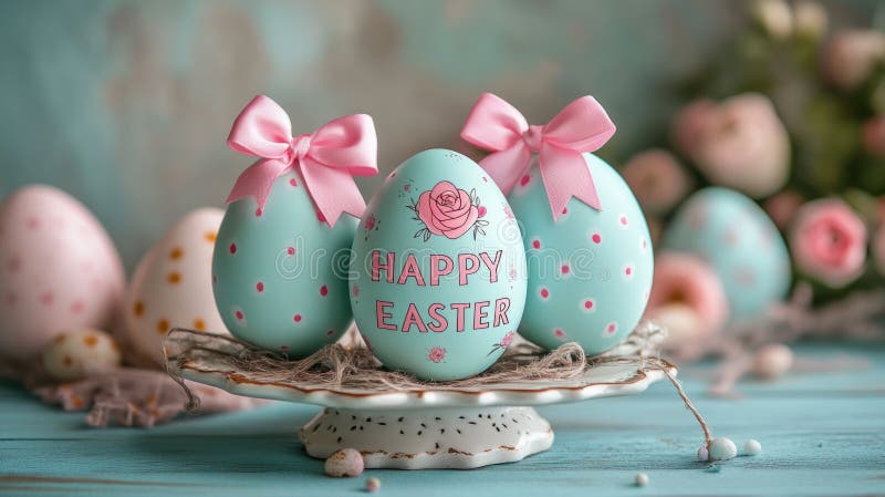 Decorative Easter Eggs with Pink Bows on Elegant Plate Display. Happy ...