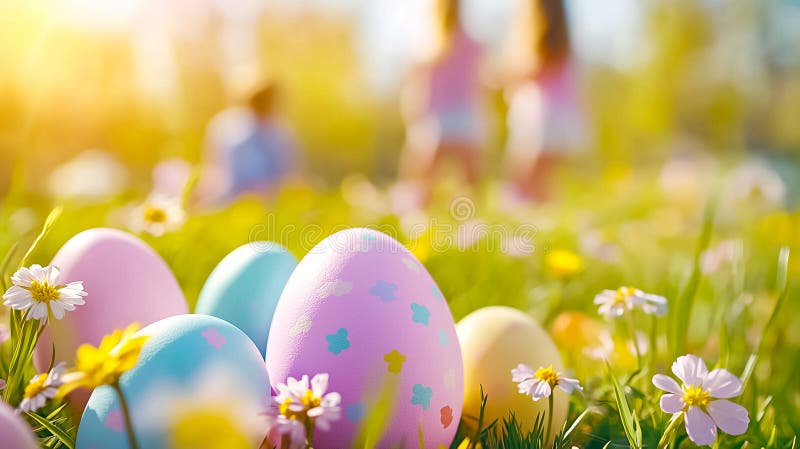 Decorative Easter Eggs Rest on the Grass with Children Playing and ...