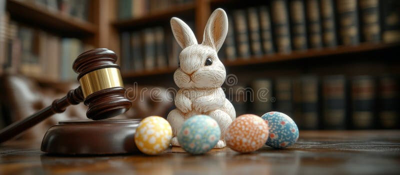 Decorative Easter Rabbit and Colorful Eggs beside a Judicial Gavel in a ...