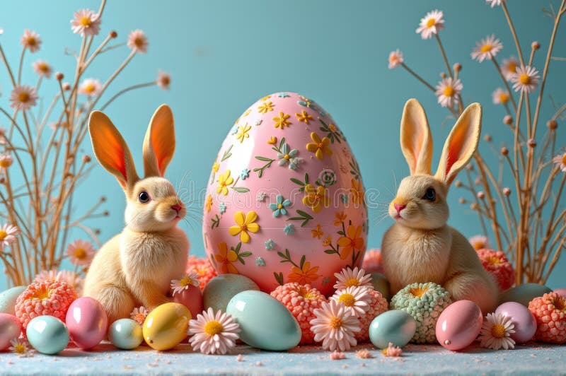 Decorative Easter Scene with Two Rabbits and Painted Eggs Amidst Spring ...
