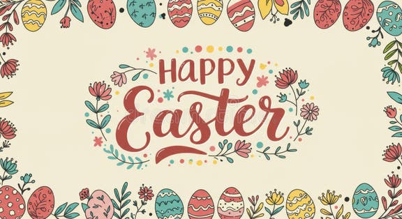 Hand-drawn Easter Design with Decorated Eggs and Flowers Surrounding ...