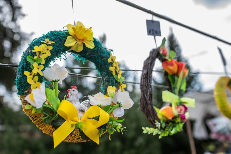 Decorative Easter Wreath with a Yellow Bow and Golden Rain in Which a ...