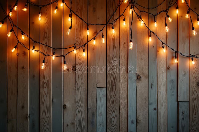 Decorative Edison String Lights with Warm Glow Against Rustic Wood ...
