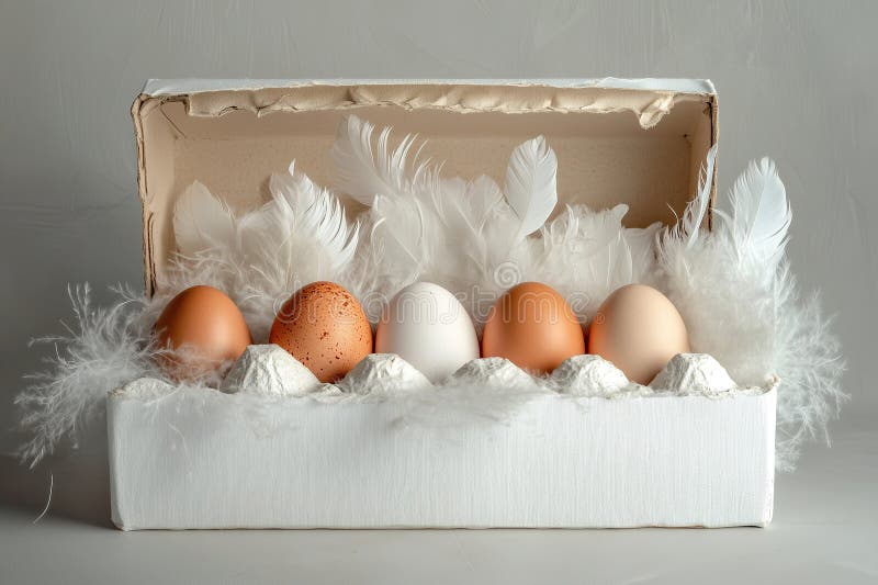 Decorative Egg Display with Feathers in a Box, Showcasing Various Egg ...