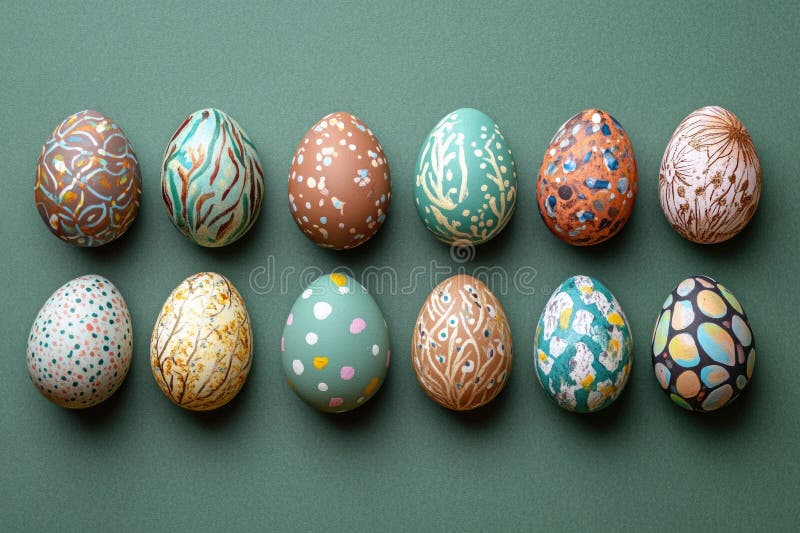 Decorative Eggs with Colorful Designs on a Green Surface, Great for ...