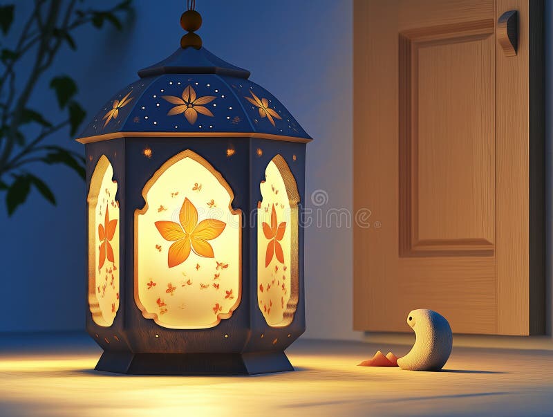 Decorative Eid, Ramadan Lantern Glows Warmly. Ornate Floral Patterns ...