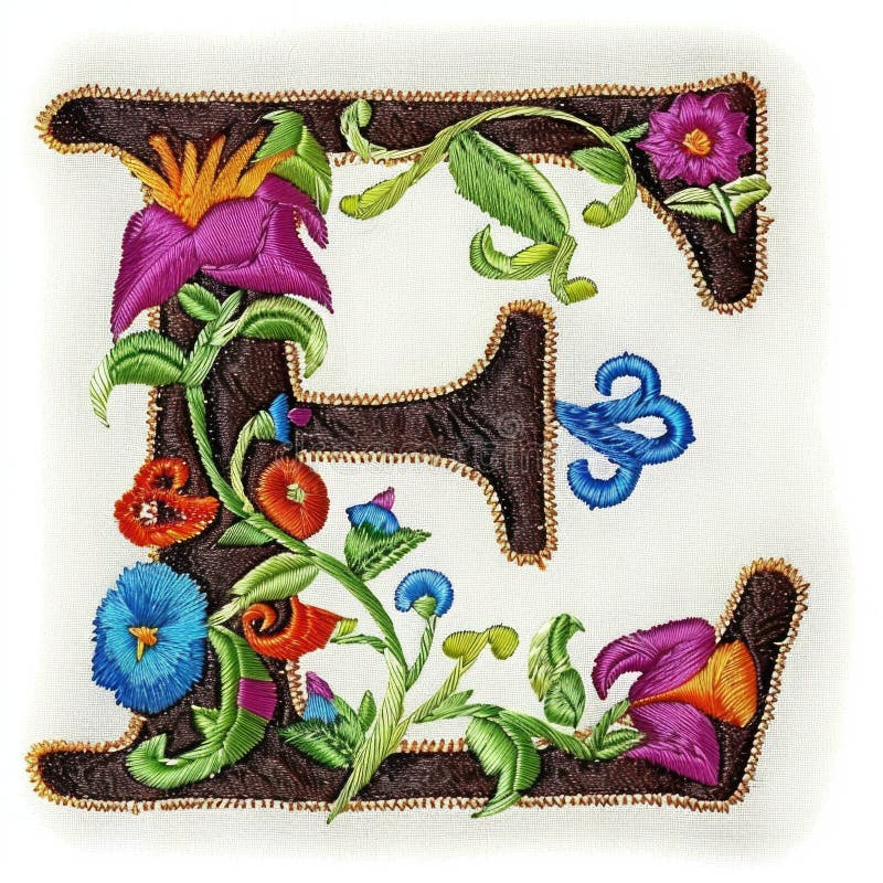 A Decorative Embroidered Letter E with Flowers and Leaves Stock Photo ...
