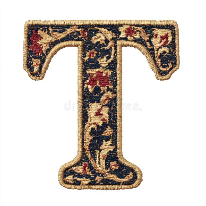 A Decorative Embroidered Letter "T" Featuring Floral Patterns on a Dark ...