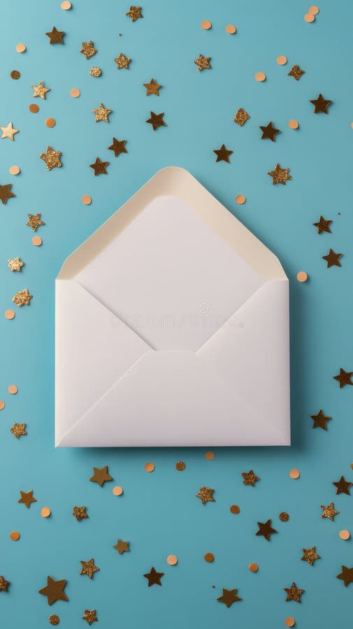 Decorative Envelope on Blue Background Surrounded by Golden Stars and ...