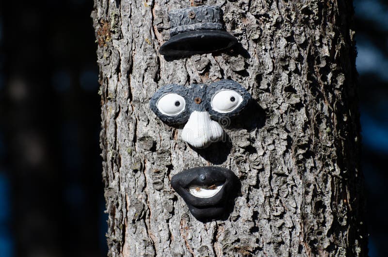 Decorative Face on Tree in Yard Stock Photo - Image of woodland ...
