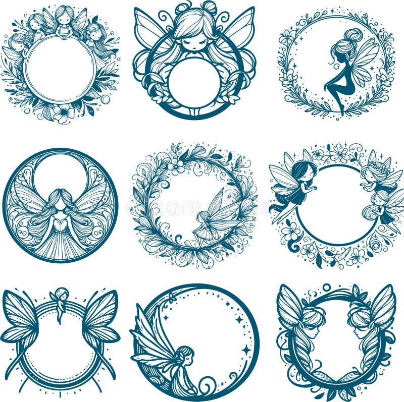 Decorative Fairy Themed Circular Frames in Intricate Artistic Linework ...