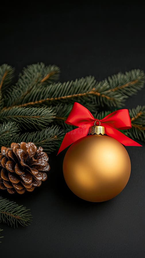 Decorative Fir Tree Branches Feature a Bright Red Bow, Pine Cones, and ...