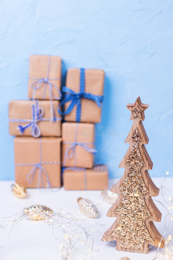 Decorative Fir Tree and Stack or Pile of Wrapped Boxes with Pres Stock ...