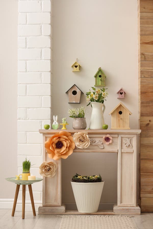 Decorative Fireplace with Beautiful Spring Decor. Interior Design Stock ...