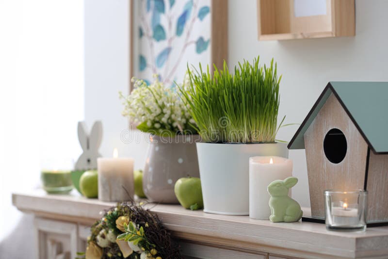 Decorative Fireplace with Beautiful Spring Decor Indoors. Interior ...