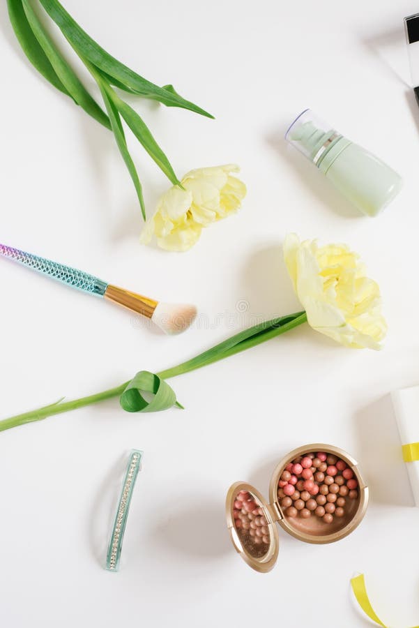 Decorative Flat Lay Composition with Cosmetics and Flowers. Flat Lay ...