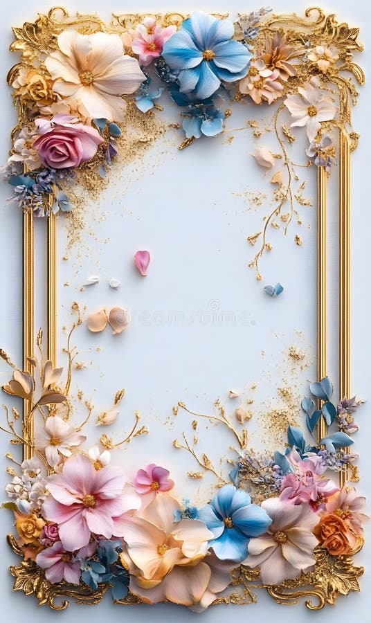 A Decorative Floral Frame Featuring Various Blossoms in Soft Colors ...