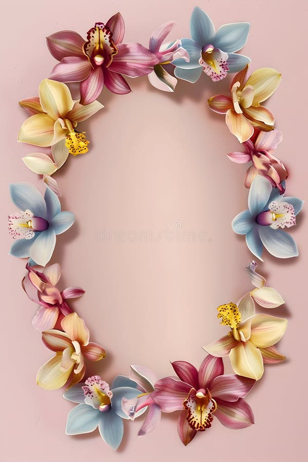 A Decorative Floral Frame Featuring Various Colorful Orchids on a Soft ...