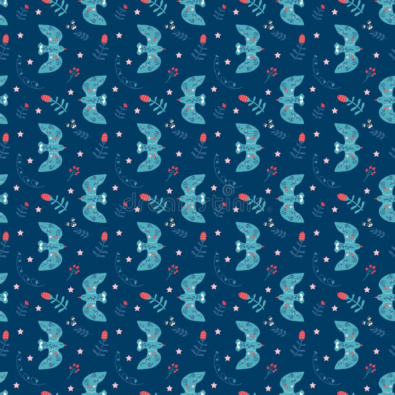Decorative Floral Pattern with Birds. Folk Scandinavian Style. Vector ...