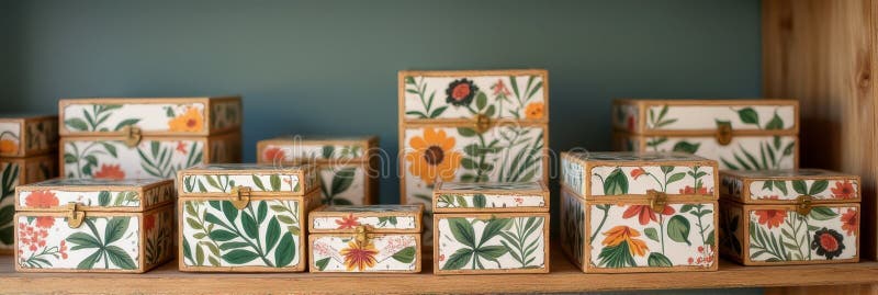 Decorative Floral Patterned Wooden Boxes on Display Shelf Stock ...