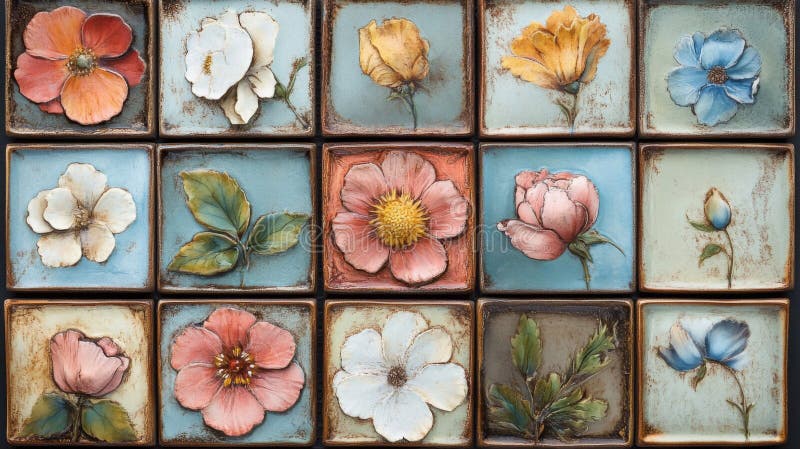 Decorative Floral Tiles Featuring Various Flowers Stock Illustration ...