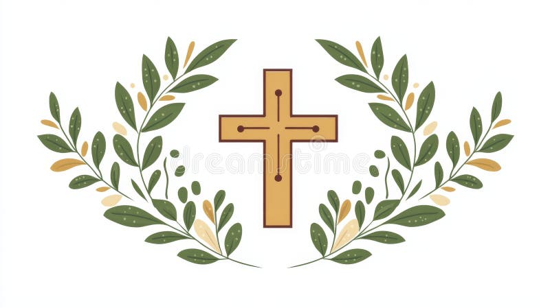 Decorative Foliage Elements Completely Surround a Green Cross Stock ...