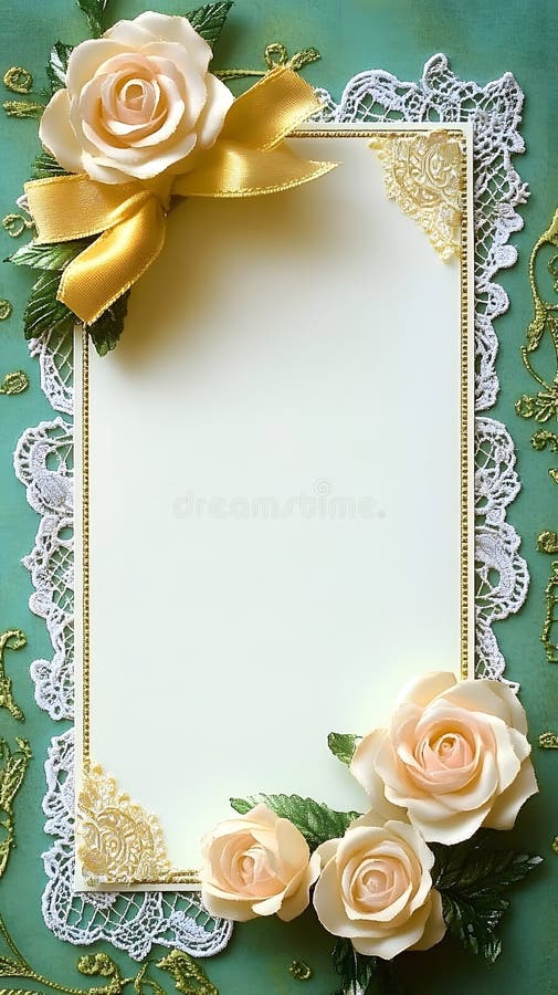 A Decorative Frame Adorned with Cream Roses and Lace for Invitations or ...